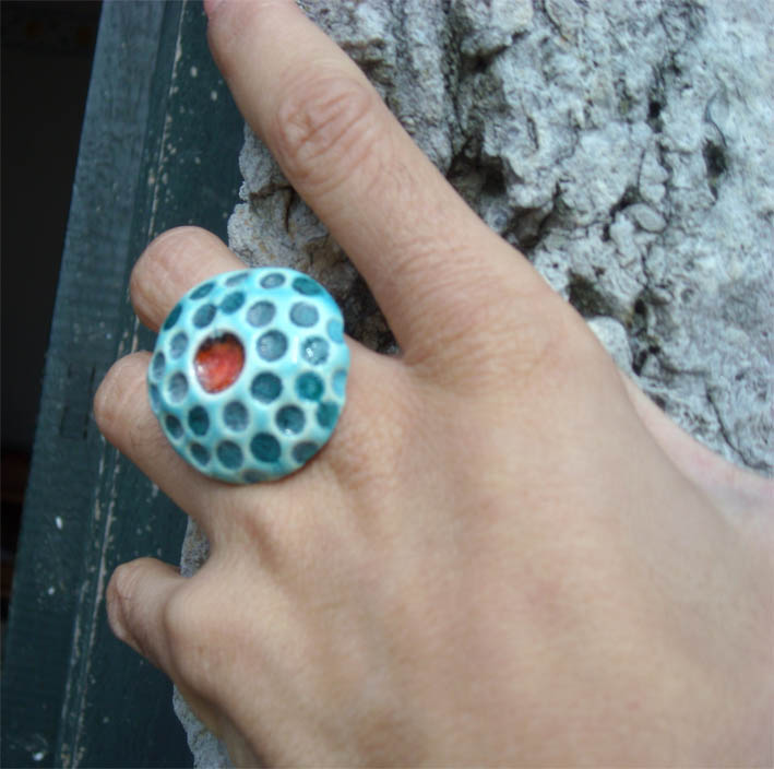 Red And Turquoise Ring, Ceramic Red Jewelry Spring 2012 on Luulla